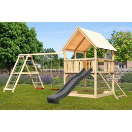 Karibu Spielturm 'Ida' naturbelassen mit Doppelschaukel, Rutsche anthrazit 508 x 394 x 345 cm