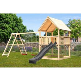 Karibu Spielturm 'Ida' naturbelassen mit Doppelschaukel, Rutsche anthrazit 508 x 394 x 345 cm