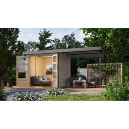 Karibu Metall-Holzgartenhaus-Set 'Komet 2 D' Fichtenholz wassergrau Metall graualuminium 438 x 208,5 x 213 cm