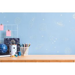 Livingwalls LIVING WALLS Vliestapete "Kids Studio Weltraum &ndash; Kinderzimmer Vliestapete mit Leuchteffekt", B/L: 0,53m x 10,05m, Rollen: 1blau, Wohnzimmer, Tapeten,