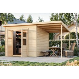 Gartenhaus Konifera, beige, Massivholz, Gartenh&auml;user, "Akamaru 6", inkl. Anbaudach