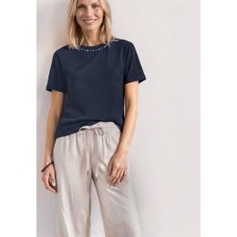 Street One Damen T-Shirt, blau, Gr. 38, unifarben, Web, 48% Baumwolle, 48% Modal, 4% Elasthan, Shirts, mit Nietendeko