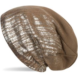 styleBREAKER Damen Strickm&uuml;tze "Feinstrick Beanie mit Metallic Print", braun, Modisch, 100% Polyacryl PAN., M&uuml;tzen