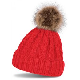 styleBREAKER Damen Bommelm&uuml;tze "Strickm&uuml;tze mit Zopfmuster & Kunstfellbommel", rot, Modisch, Obermaterial: 100% Polyacryl PAN., M&uuml;tzen