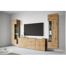Wohnwand OTTO HOME, B:270cm H:161cm T:34cm, braun, Holzwerkstoff, Wohnzimmer, Kastenm&ouml;bel-Sets, "KENIA", Vitrinen mit Eckverglasung, h&auml;ngend und