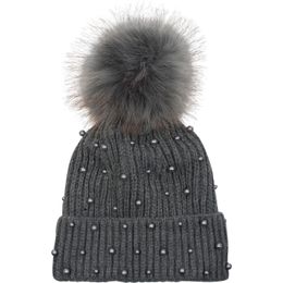 styleBREAKER Damen Bommelm&uuml;tze "Strick Bommelm&uuml;tze mit Perlen und Fleece Futter", grau, Modisch, 100% Viskose CV., M&uuml;tzen