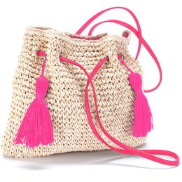 Lascana Damen Umh&auml;ngetasche "Strandtasche, Schultertasche, Sommertasche, Damentasche", pink, Papierstroh, kontrastfarbene Details, unifarben mit