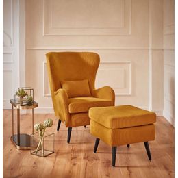 Sessel Home Affaire, B:76cm H:109cm T:85cm, gelb, Struktur Hahnentritt (67% Polypropylen, 33% Polyester);Samtoptik (100% Polyester);Fellimitat (100%
