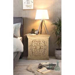 Nachtkommode Sit, B:60cm H:65cm T:40cm, beige, Massivholz, Recyceltes Altholz, Sideboards, "Massiver Nachttisch aus recyceltem Mango‐Altholz",