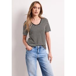 Street One Damen T-Shirt, schwarz, Gr. 42, gestreift, unifarben, Web, 50% Baumwolle, 50% Modal, Shirts, mit abgerundetem V-Ausschnitt