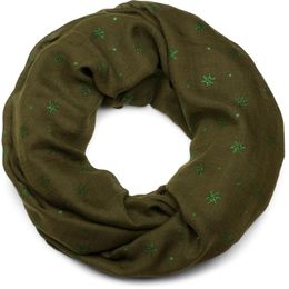 styleBREAKER Damen Loop "Loop mit glitzerndem Schneeflocken Print", gr&uuml;n, Modisch, Obermaterial: 50% Viskose CV. 50% Baumwolle CO., Modet&uuml;cher