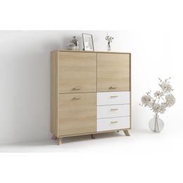 Highboard ByLiving, B:120cm H:131cm T:36,5cm, beige, Wohnzimmer, Sideboards, "Bastian", mit massiven Holzf&uuml;&szlig;en und Griffen, nat&uuml;rlicher Eichenlook,