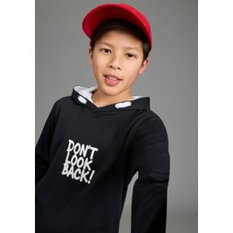 Kidsworld Jungen Kapuzenshirt "Kapuzenshirt mit Spruch: DON'T LOOK BACK", schwarz, Gr. 140, bedruckt, Single Jersey, Obermaterial: 100% Baumwolle.
