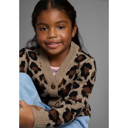 Kidsworld M&auml;dchen Strickjacke "Strickjacke mit Leo-Muster", beige, Gr. 104, Feinstrick, Obermaterial: 100% Polyacryl, Strickjacken, Strickjacke in