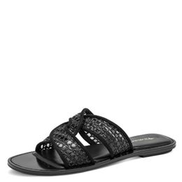 Tamaris Damen Pantolette, Gr. 38, schwarz, Lederimitat, Textil, Minimalmuster, Strukturmuster, Schuhe, Sommerschuh, Schl&uuml;pfschuh, Flat mit