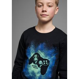 Kidsworld Jungen Langarmshirt "GAMER", schwarz, Basic, Gr. 140, bedruckt, Jersey, Obermaterial: 100% Baumwolle, Shirts, Gamer-Shirt Langarm,