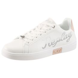 Replay Damen Sneaker, Gr. 37, wei&szlig;, Lederimitat, Glitzermuster, kontrastfarbene Details, Schuhe, Schn&uuml;rschuh, Halbschuh, Freizeitsneaker mit