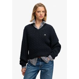 Superdry Damen V-Ausschnitt-Pullover "OVERSIZED CABLE V NECK JUMPER"eclipse navy, Gr. XS, unifarben, Strick, Obermaterial: 100% Baumwolle, Pullover,