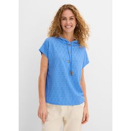 bonprix Damen Henleyshirt, blau, Gr. 40, Obermaterial: 98% Polyester, 2% Elasthan, Shirts, lockerer Schnitt, Oversize-Passform, mit Kapuze,
