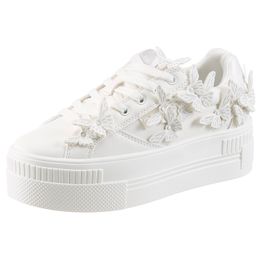 Buffalo Damen Plateausneaker, Gr. 40, wei&szlig;, Lederimitat, Glitzer, bestickt, Schuhe, Freizeitschuh, Halbschuh, Schn&uuml;rschuh mit