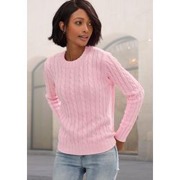 Lascana Damen Rundhalspullover, rosa, Gr. 44, unifarben, Strick, Obermaterial: 50% Baumwolle, 50% Polyacryl, Pullover, mit Zopfstrickmuster,