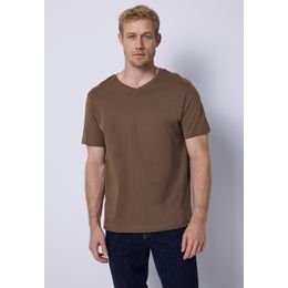 Street One MEN Herren T-Shirt, braun, Gr. M, unifarben, Web, 100% Baumwolle, Shirts, mit V-Ausschnitt