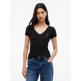 Tommy Jeans Damen Kurzarmshirt "TJW SLIM ESSENTIAL RIB V SHORT SLEEVE", schwarz, Gr. XXS, unifarben, Feinripp, Obermaterial: 95% Baumwolle, 5%