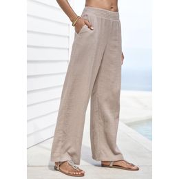Damen Schlupfhose "aus weicher Musselinware mit elastischem Bund", beige, Gr. 44, BEACHTIME BY LASCANA, unifarben, Web, Obermaterial: 100% Baumwolle,
