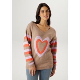 Damen Strickpullover, braun, Gr. 40, Aniston SELECTED, gemustert, Strick, Obermaterial: 50% Viskose, 26% Polyamid, 24% Polyester, Pullover, mit