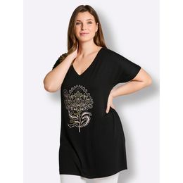 sheego Damen Longshirt "Kurzarm-Shirt", schwarz, Gr. 48, gebl&uuml;mt, gemustert, 95% Viskose, 5% Elasthan, Shirts