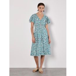 Apricot Damen Midikleid "Gesmoktes Minikleid mit Zacken", blau, Gr. 34, gebl&uuml;mt, gewebt, Obermaterial: 100% Viskose CV., Kleider, mit Fl&uuml;gelarmen