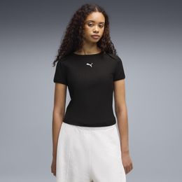 Puma Damen T-Shirt "Essentials Ribbed Slim T-Shirt Damen"schwarz, Gr. L, clean, Obermaterial: 4% Elasthan, 63% Polyester, 33% Baumwolle. Rippe: 30%