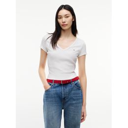 Tommy Jeans Damen Kurzarmshirt "TJW SLIM ESSENTIAL RIB V SHORT SLEEVE", wei&szlig;, Gr. M, unifarben, Feinripp, Obermaterial: 95% Baumwolle, 5% Elasthan,