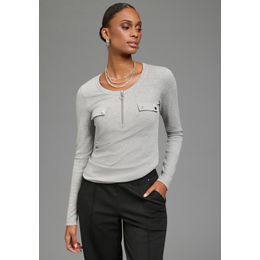 Bruno Banani Damen Longsleeve, grau, Gr. 36, unifarben, Rippware, Obermaterial: 90% Baumwolle, 10% Viskose, Shirts, mit Rundhalsausschnitt,