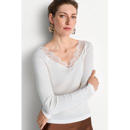 RICHROYAL Damen Longsleeve, wei&szlig;, Gr. XL, Rip Jersey;Spitze, Obermaterial: 98% Viskose, 2% Elasthan, Shirts, elaganter V-Ausschnitt mit Spitze