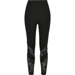 Urban Classics Damen Leggings "Urban Classics Damen Ladies Highwaist Lace Inset Leggings", schwarz, Gr. M, unifarben, 94% Baumwolle, 6% Elasthan,