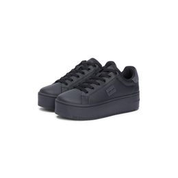 Tommy Jeans Damen Plateausneaker "TJW FLATFORM ESS MU", Gr. 39, schwarz, Leder, Schuhe, Freizeitschuh, Halbschuh, Schn&uuml;rschuh mit Kontrastbesatz