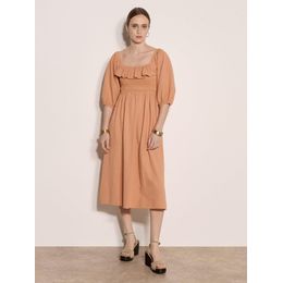 Apricot Damen Midikleid "Midi-Kleid im Milchm&auml;dchen-Stil mit R&uuml;schen", orange, Gr. 38, uni, gewebt, Obermaterial: 100% Baumwolle CO., Kleider, Gerafft