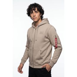 Herren Kapuzensweatjacke "Back Print Zip Hoody", beige, Gr. M, Alpha Industries, bedruckt, angeraute Sweatware, Obermaterial: 80% Baumwolle, 20%