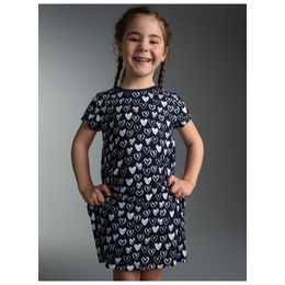 TRIGEMA M&auml;dchen Jerseykleid "TRIGEMA Kleid mit s&uuml;&szlig;en Herz Motiven", schwarz-wei&szlig;, Basic, Gr. 128, Single Jersey, 100% Baumwolle, Kleider