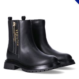 Tommy Hilfiger M&auml;dchen Chelseaboots, Gr. 35, schwarz, Lederimitat, Textil, Schuhe, Stiefelette mit Zierrei&szlig;verschluss an der Au&szlig;enseite