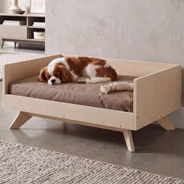 Tierbett MCW-Q64, Haustierbett Katzen-/Hundebett Tierk&ouml;rbchen Tierliege, Holz MVG 32x72x50cm ~ natur, Kissen beige