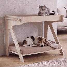 Tierbett MCW-Q63, f&uuml;r Haustiere Tierhaus Katzen-/Hundebett Haustierliege, Holz MVG 45x61x38cm ~ natur, Kissen beige