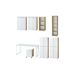KADIMA DESIGN B&uuml;ro-Set MUENCHEN 8-teilig Glas & Abschlie&szlig;bar & Soft-Close Chalet-Eiche-Nb./Wei&szlig;