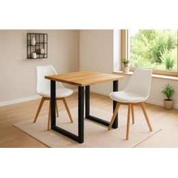 Essgruppe Baumkante massiv 90 x 90 cm Wildeiche U-Gestell schwarz & 2 St&uuml;hle wei&szlig; SEATTLE