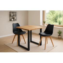 Essgruppe Baumkante massiv 80 x 80 cm Wildeiche U-Gestell schwarz & 2 St&uuml;hle schwarz SEATTLE