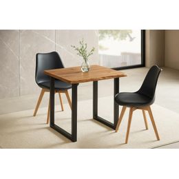 Essgruppe Baumkante massiv 80 x 80 cm Holz Wildeiche-Optik U-Gestell schwarz & 2 St&uuml;hle schwarz JOSY