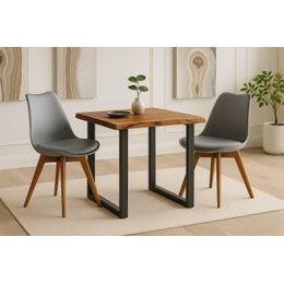 Essgruppe Baumkante massiv 80 x 80 cm Holz-Optik Nussbaum U-Gestell schwarz & 2 St&uuml;hle grau JOSY