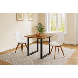 Essgruppe Baumkante massiv 90 x 90 cm Akazie nussbaumfarben U-Gestell schwarz & 2 St&uuml;hle wei&szlig; QUINN