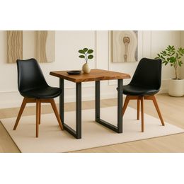 Essgruppe Baumkante massiv 80 x 80 cm Holz-Optik Nussbaum U-Gestell schwarz & 2 St&uuml;hle schwarz JOSY